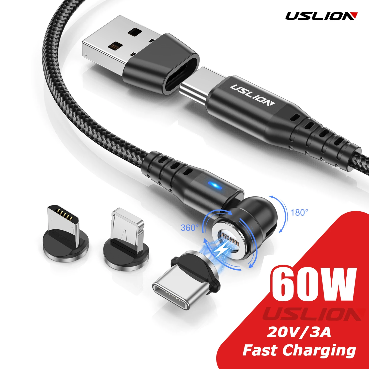 USLION 2 인 1 PD 60W 고속 충전 마그네틱 케이블 USB c형, 아이폰 14 13 프로 맥스 샤오미 12 포코 M5 ...