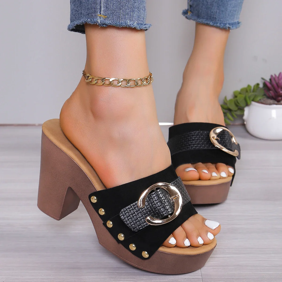 2024-New-Women-Sandals-Square-High-Heels-Women-Platform-Casual-Rivet ...