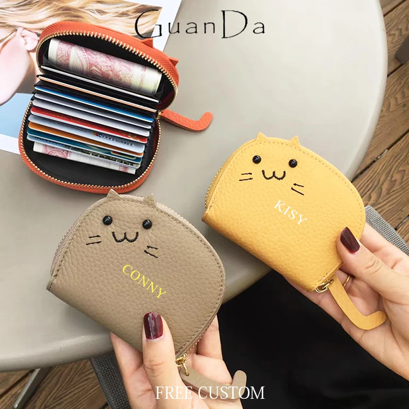 Cute Cat Real Leather Card Wallet Custom Letters Portable Fashion ...