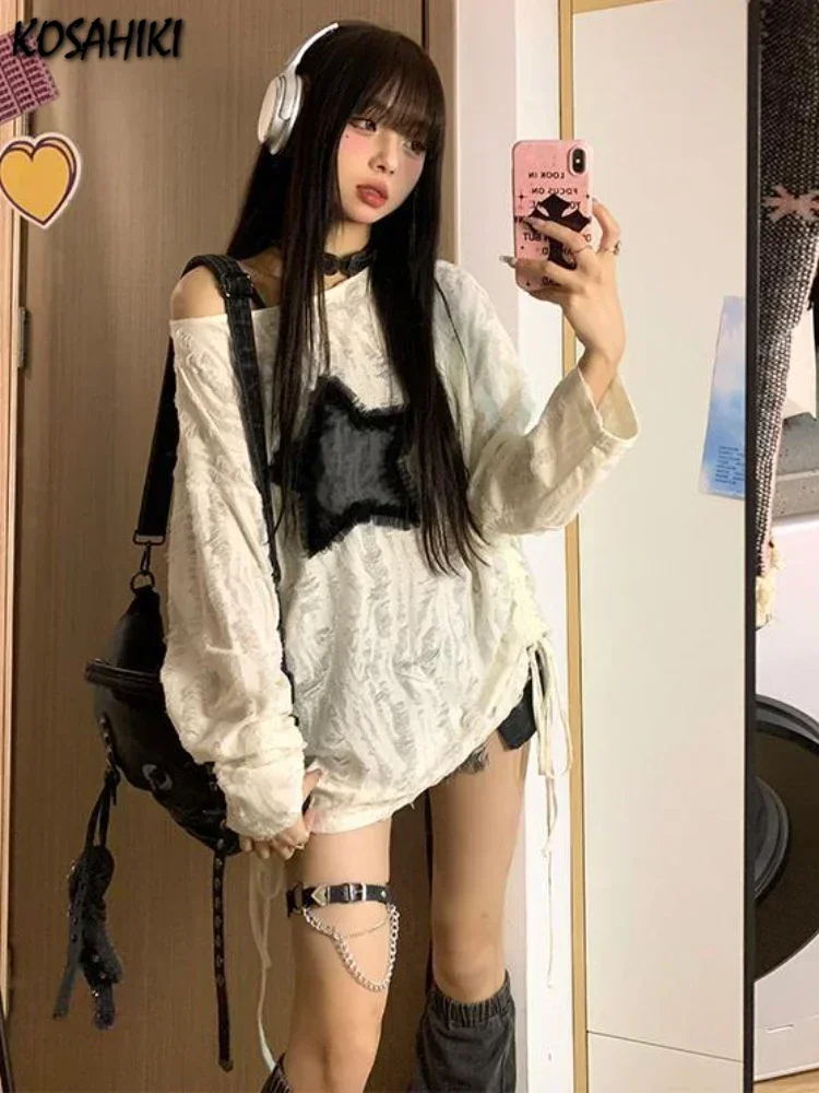 그런지 홀 티셔츠 여성용 스타 프린트 Y2k 미학적 루즈 티 케이팝 페어리코어 찢어진 티셔츠 하라주쿠 고딕 스트리트웨어