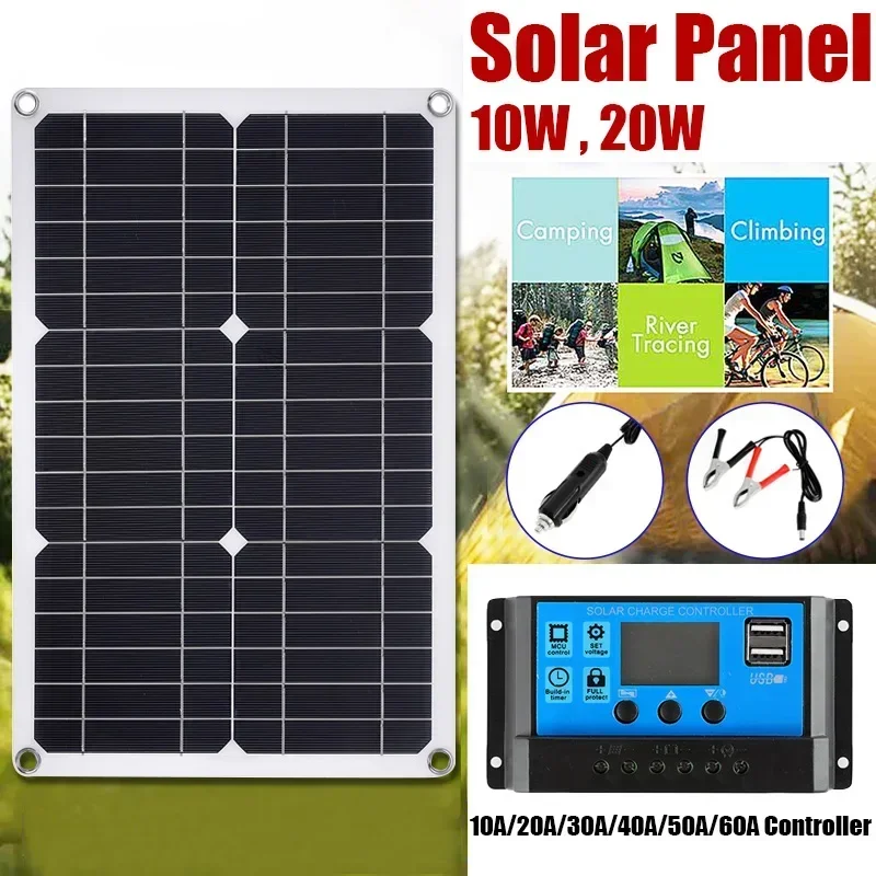 20W Solar Panel Kit Complete 12V 24V USB With 10/20/30/40/50/60A ...