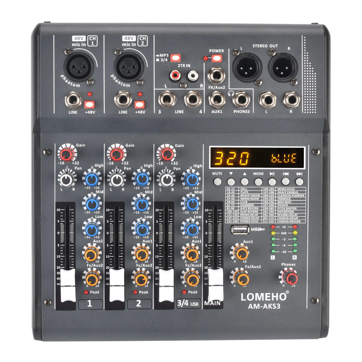 320-DSP-Effects-2-AUX-Output-Sound-Audio-Mixer-4-Channels-Mixing ...