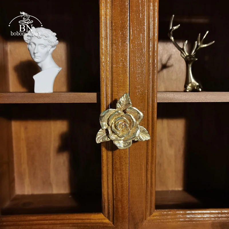 Plant Roses Shape Furniture Handles Solid Brass Color Drawer Knobs ...