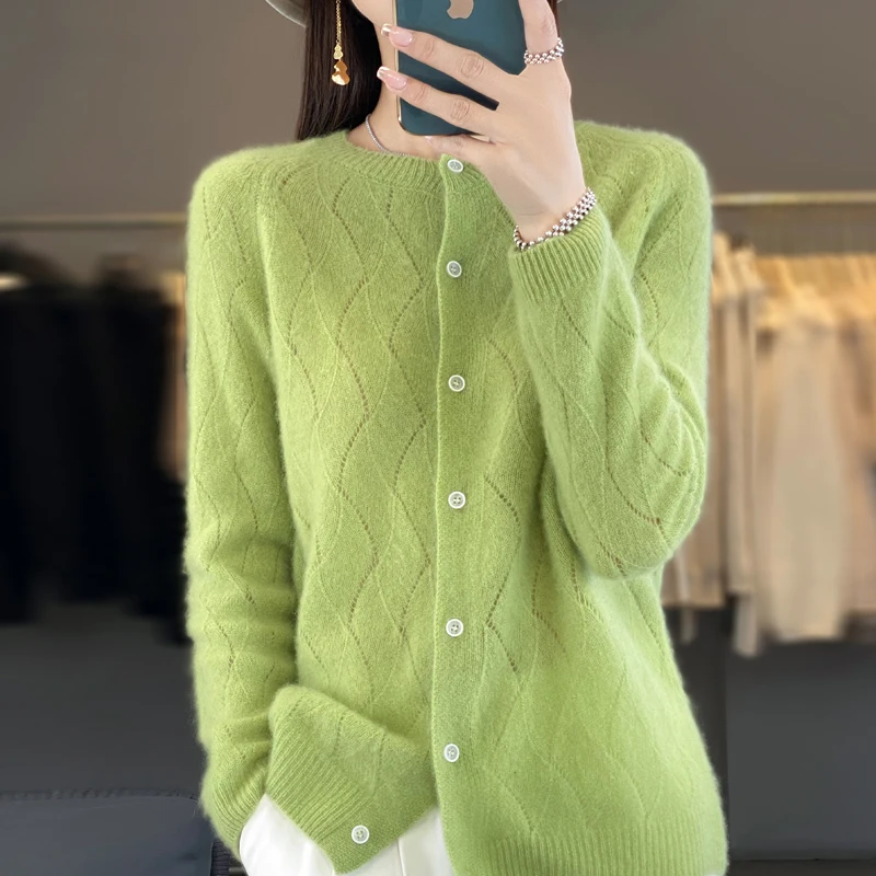 100-Pure-Wool-Sweater-Women-s-Round-Neck-Cardigan-Wave-Hollow-Cashmere ...