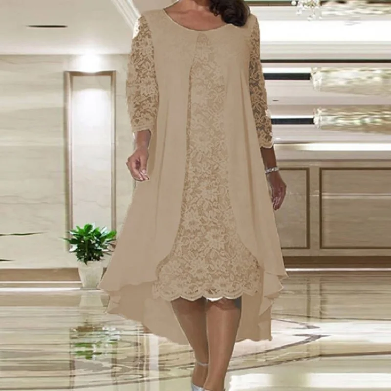 Fashion False Two Piece Sexy Embroidery Lace Office Party Midi Dress