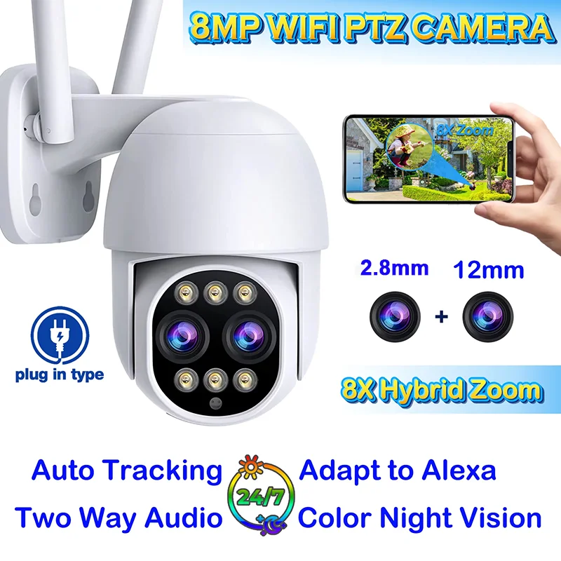 Camcamp 8MP 4K Wifi IP Camera Outdoor 8x PTZ Zoom Motion Color Night ...