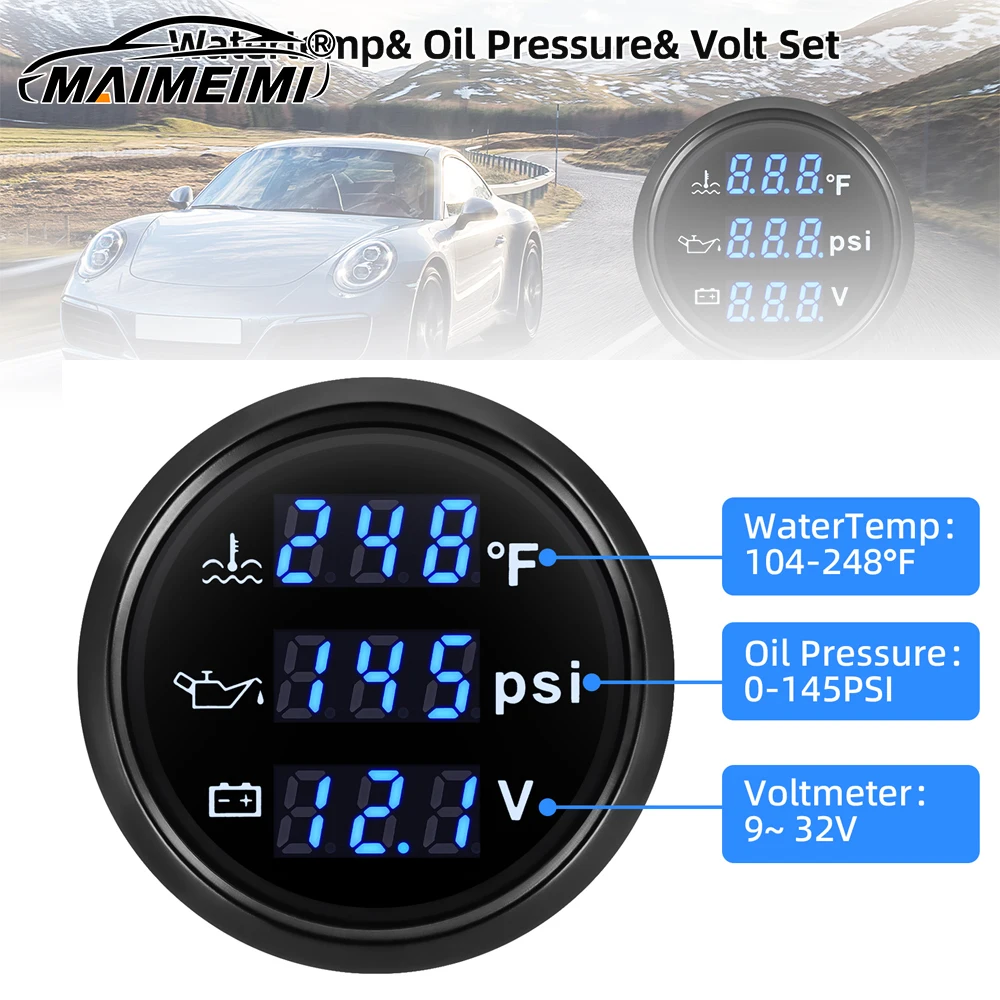 Water Temperature+Oil Pressure+Voltmeter 3 In 1 Digital 52mm Gauge with ...