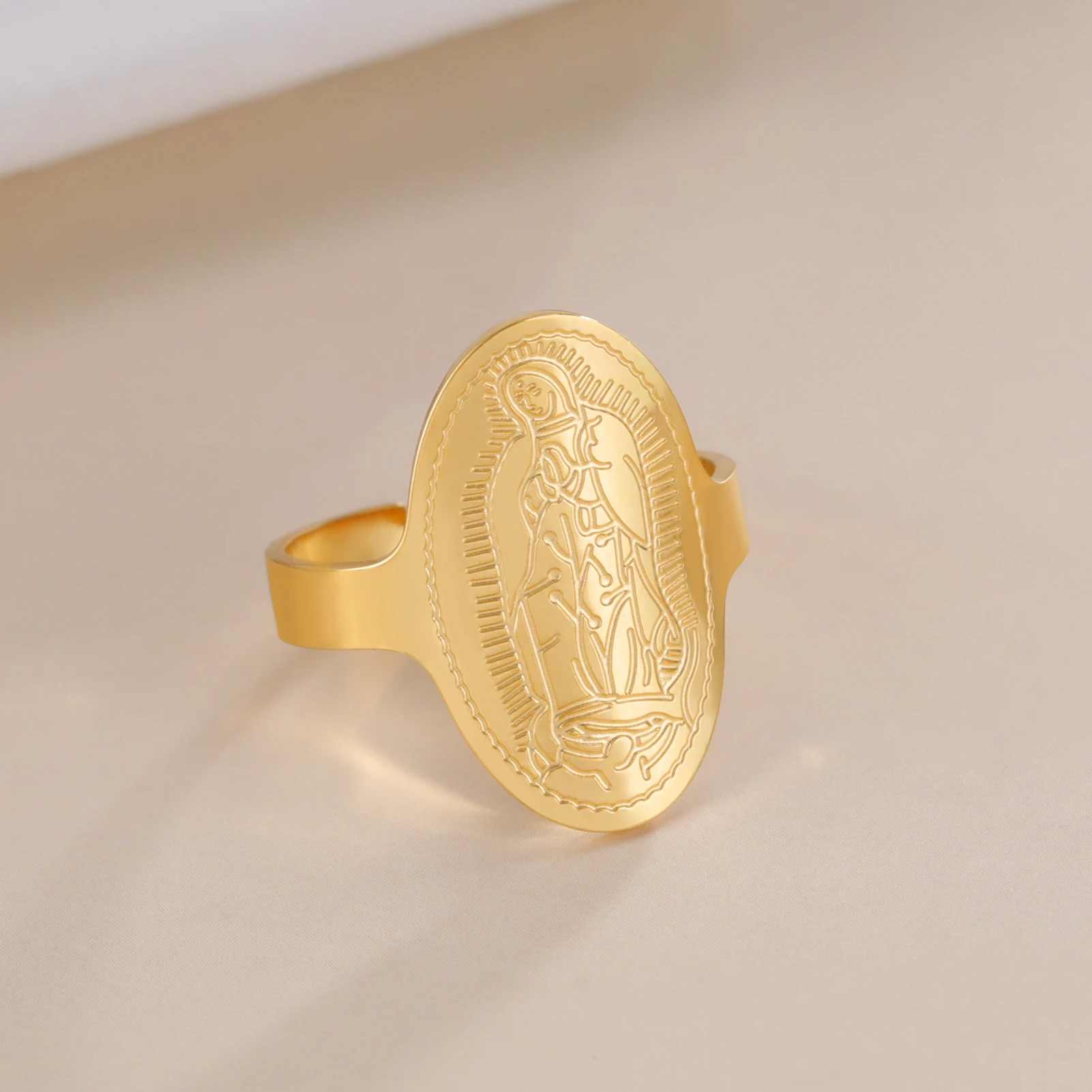 Skyrim Religious Virgin Mary Ring Women Stainless Steel Gold Color Open ...