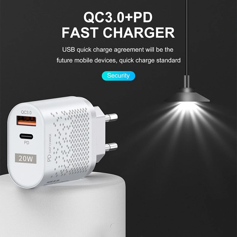Pd20w Charger European Standard 20W Dual Port Fast Charging Head Qc3.0 PD for Apple Huawei Xiaomi