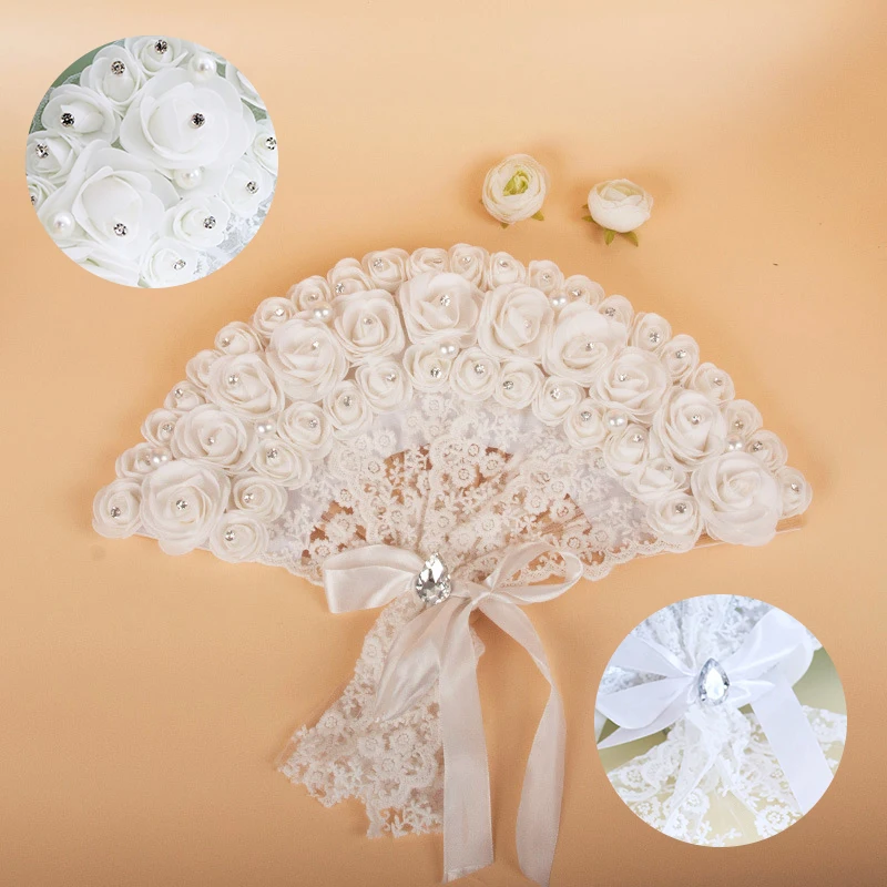 Bridal-Wedding-Handheld-Lace-Fan-White-Rose-Flower-Ribbons-Decorative ...