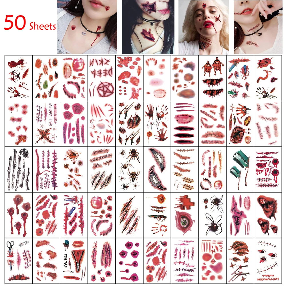 50 Sheets Halloween Theme Bloody Wound Tattoo Stickers Waterproof ...