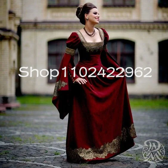 Burgundy-Fantasy-Elven-Prom-Dresses-with-Long-Sleeve-Tudor-Style ...