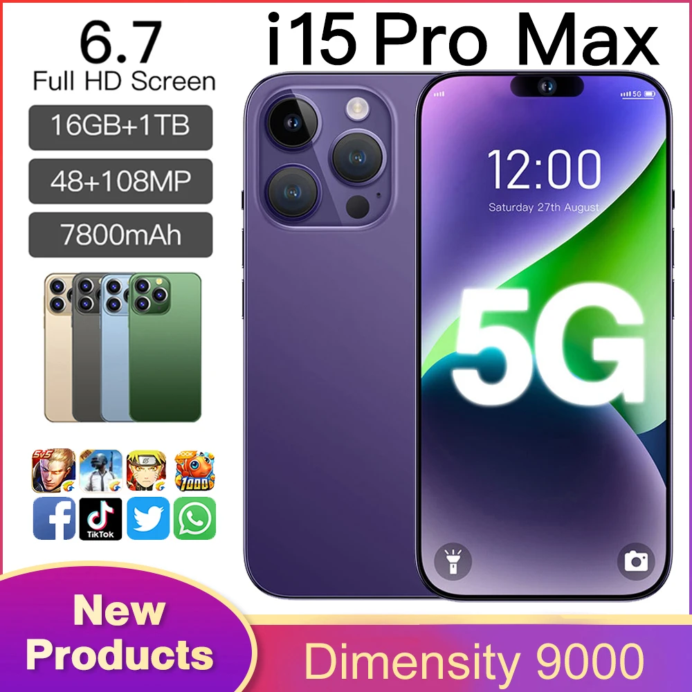 Versão Global i15 Pro Max Smartphone, 6.7 ", Tela Cheia, 4G, 5G Celular, 7800mAh, Telemóveis
