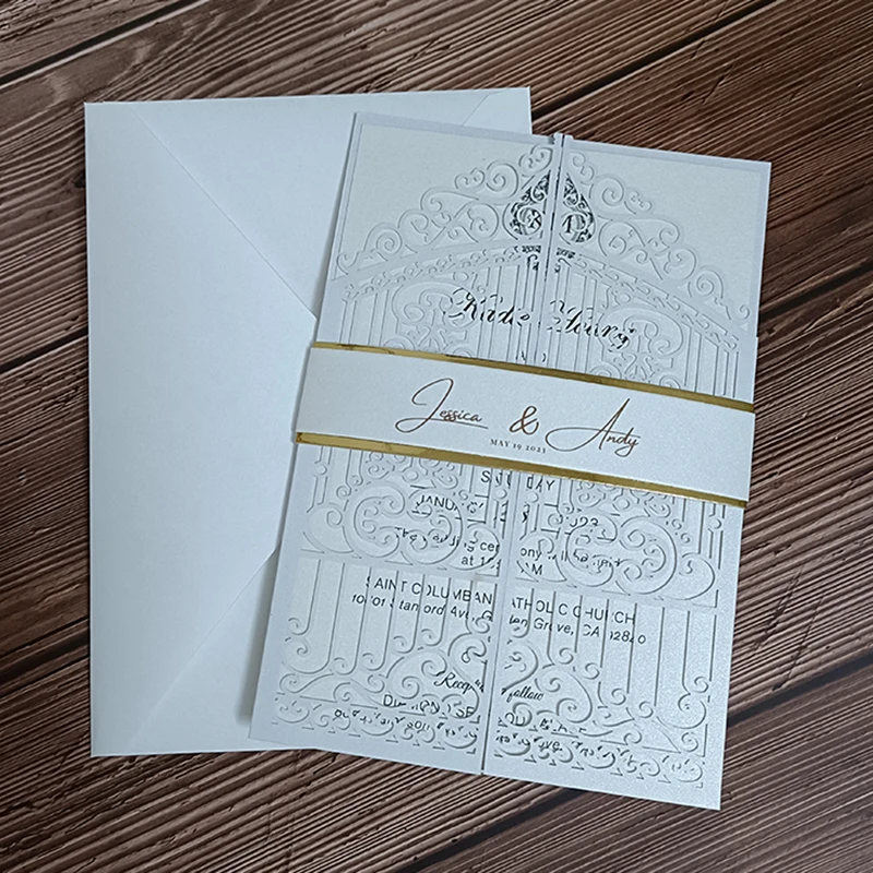 50X White Pearl Wedding Party Invitation Card With Gold Metallic Belt ...