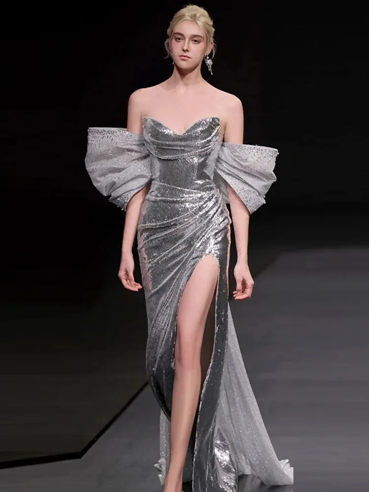 DEAT-Women-Fashion-Evening-Dress-High-Split-Slash-Neck-Sequins-Trailing ...