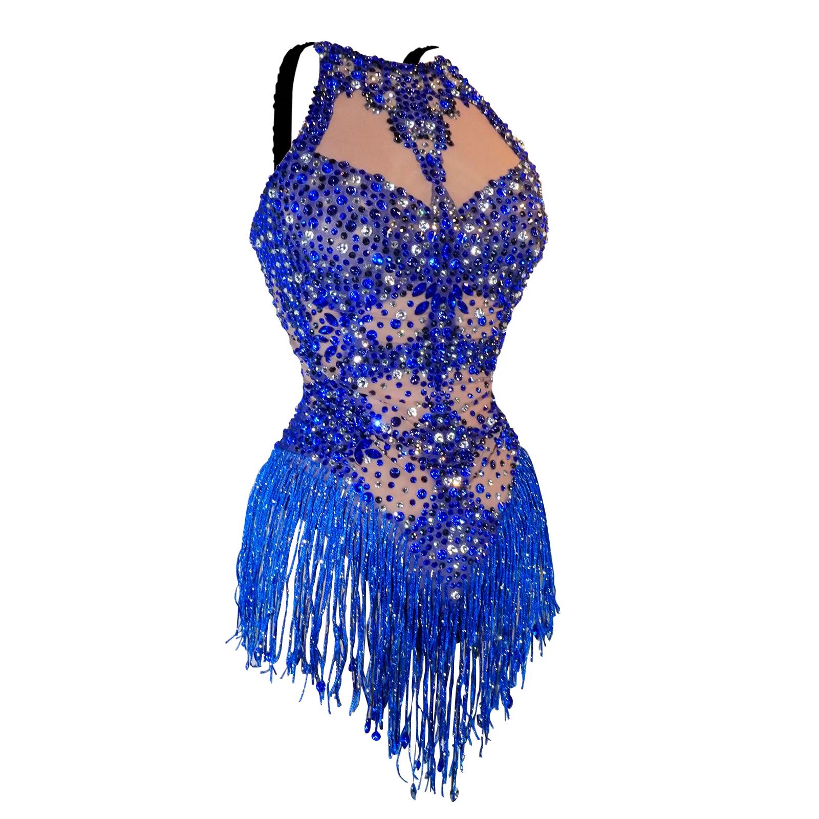 Sexy-Skinny-Women-Dance-Costume-Sparkly-Blue-Rhinestones-Fringes ...