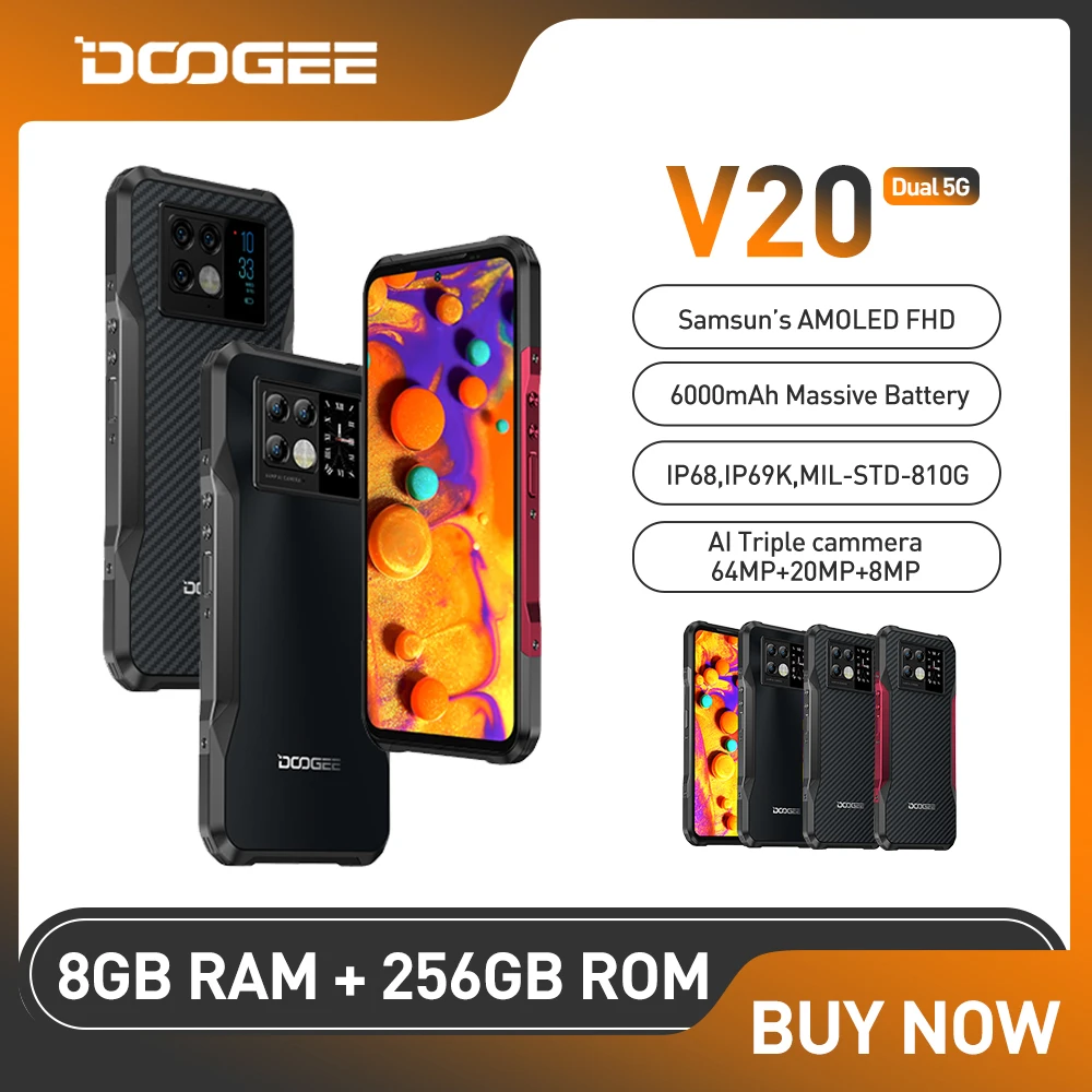DOOGEE V20 5G Rugged Smartphone 6.43inch FHD AMOLED Display Phone 8GB 256GB 20MP Night Vision ...