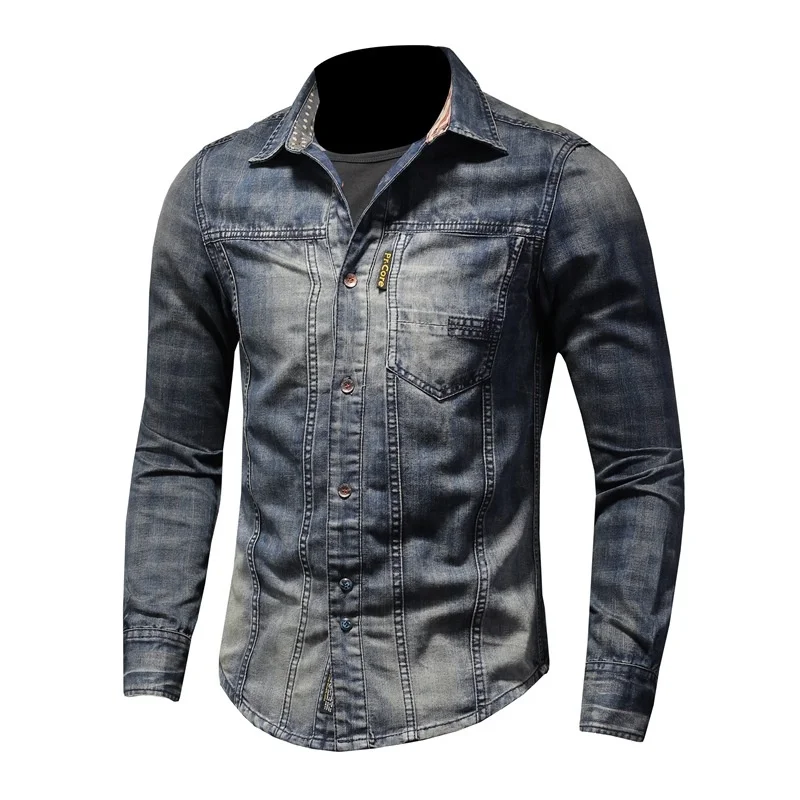 Men-Denim-Shirts-Patchwork-Vintage-Long-Sleeve-Check-Print-Casual-Jean ...