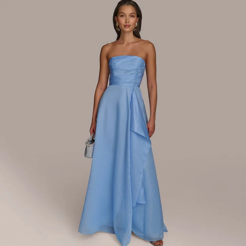 Customized Strapless Simple Beach Prom Dresses A Line Blue Party Gowns ...