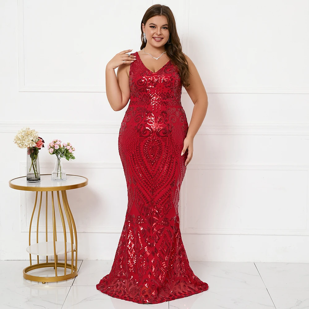 Plus-Size-Sexy-V-Neck-Stretch-Dress-Burgundy-Sequin-Evening-Dress ...
