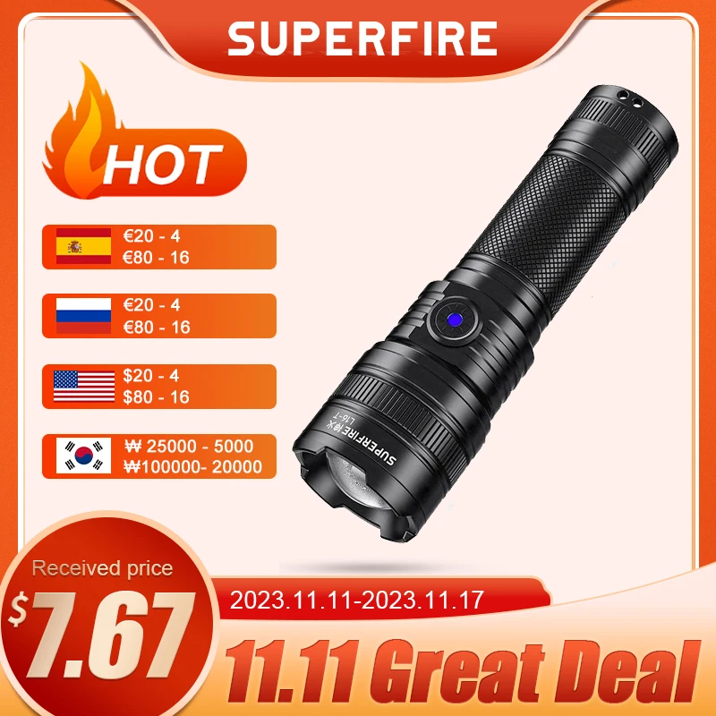 SUPERFIRE-Powerful-LED-Flashlight-Tail-USB-Rechargeable-Zoomable-Waterproof-Torch-Portable-Light ...