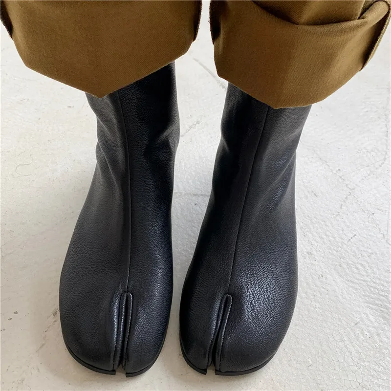 Sexy-Leather-Classic-Split-toe-Nude-Boots-Sheep-Leather-Mid-tube ...