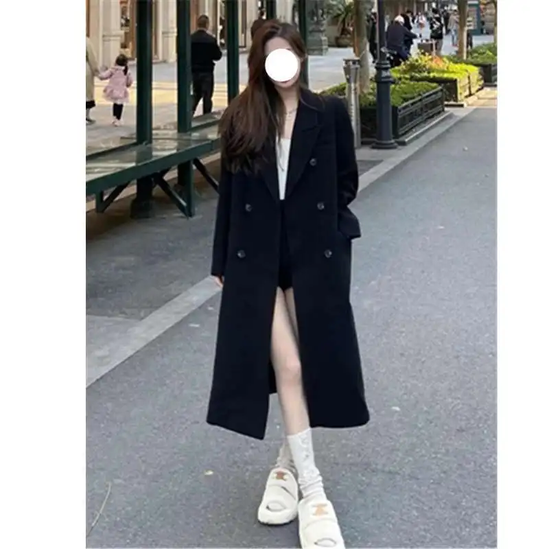 Women-Woolen-Coat-Black-Long-Flip-Tie-Pocket-Temperament-Sweet-Commuter ...
