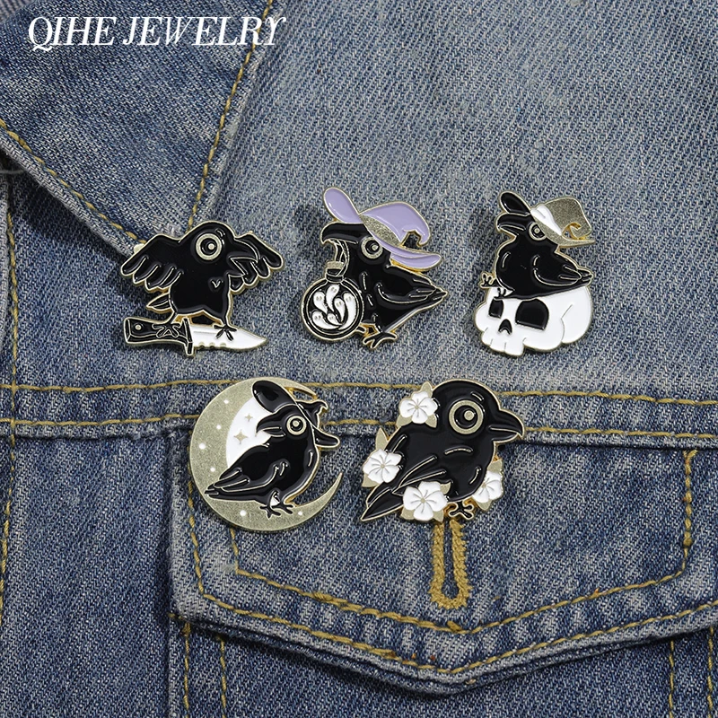 Punk-Crow-Bird-Skull-Wizard-Enamel-Pins-Funny-Black-Animals-Metal ...