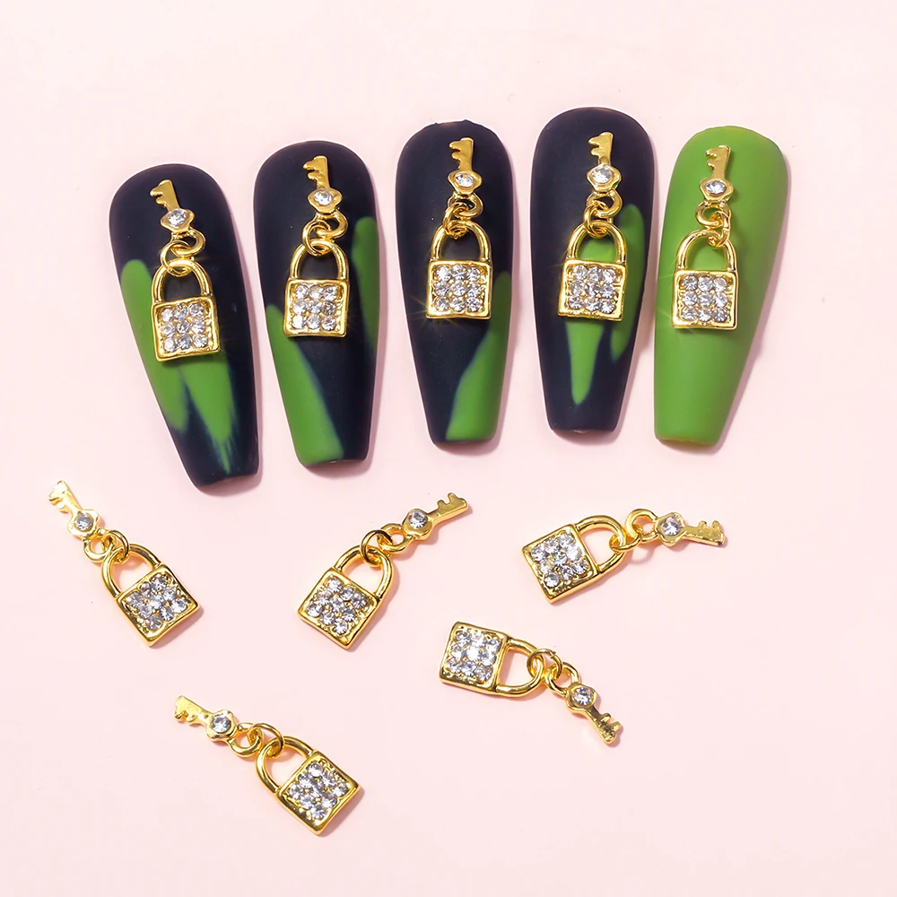 10 Pcs Nail Supplies Alloy Lock Metal Key Rhinestone 3d Charm Luxury ...