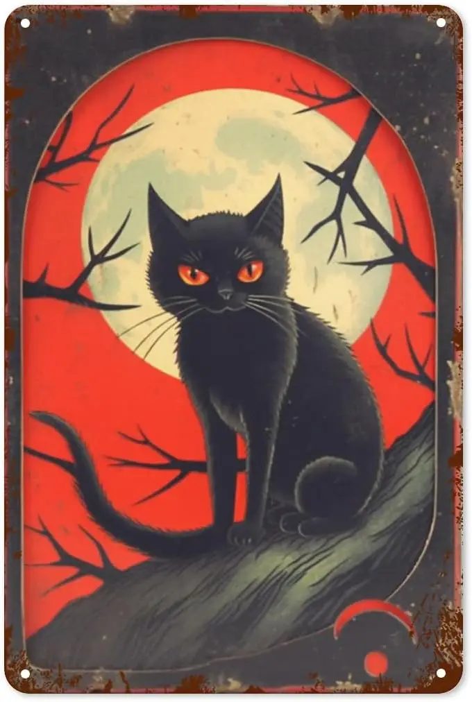 Retro-Black-Cat-Metal-Tin-Sign-Vintage-Halloween-Tin-Sign-Wall-Decor ...