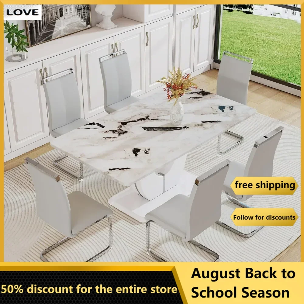 Modern-Dining-Table-Set-for-6-Kitchen-Table-Set-with-Faux-Marble ...