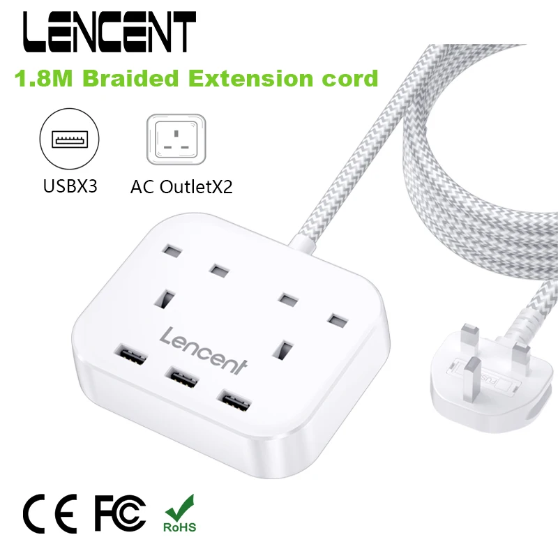 LENCENT Power Strip with 2 AC Outlet 3 USB 13A 3250W Multi Power Plug ...