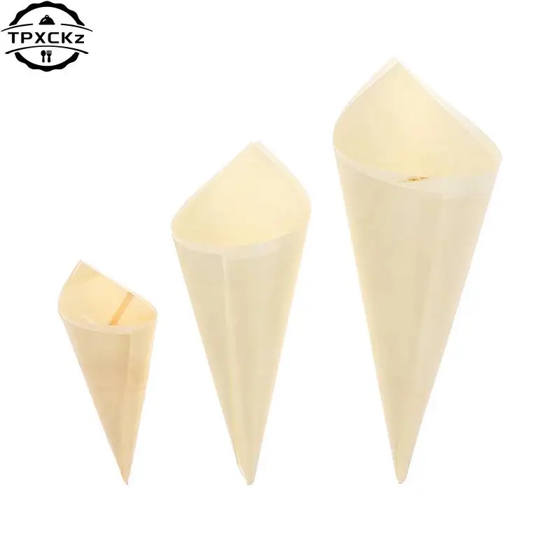 50 pces de madeira descartáveis aperitivos cones biodegradáveis cone folheado rolo descartável ...