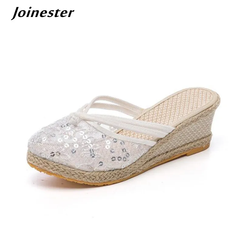 Air Mesh Wedge Slippers for Women Sequins Fashion Slides Ladies Closed ...