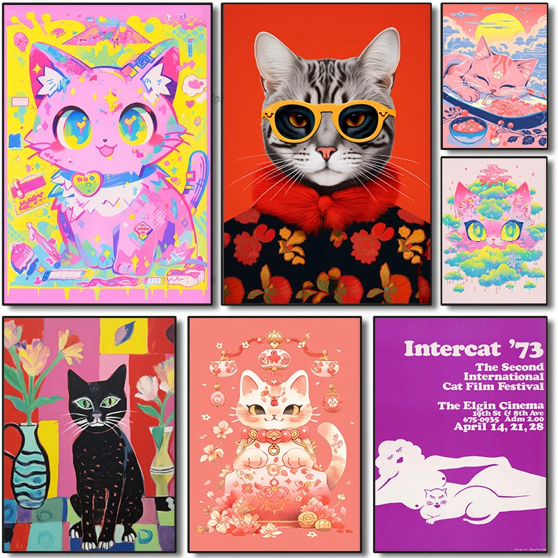 Japanese Lucky Cat Fashion Colorful Cat Cute Animal Posters and Prints ...
