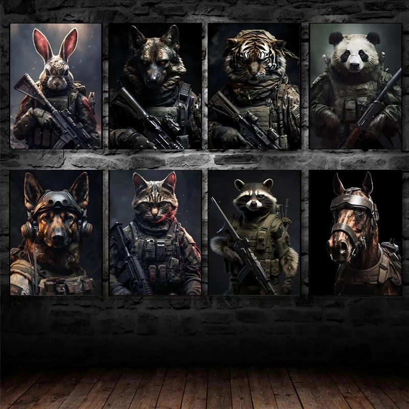 Animals-Wearing-Military-Uniforms-and-Holding-Gun-Soldiers-Poster-Wolf ...