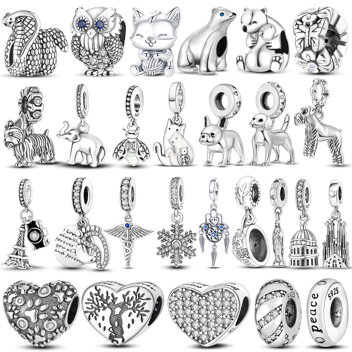 Inlaid-Zircon-Charm-Beads-925-Sterling-Silver-Color-Love-Heart-Snake ...