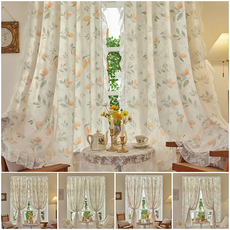 Floral Printe Curtains Lace Window Curtains Blackout Double Layers ...