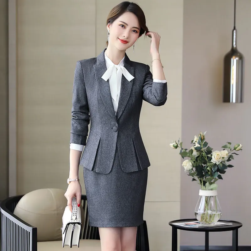 Formal-Grey-Blazer-Women-Business-Suits-with-Skirt-and-Top-Sets-Elegant ...