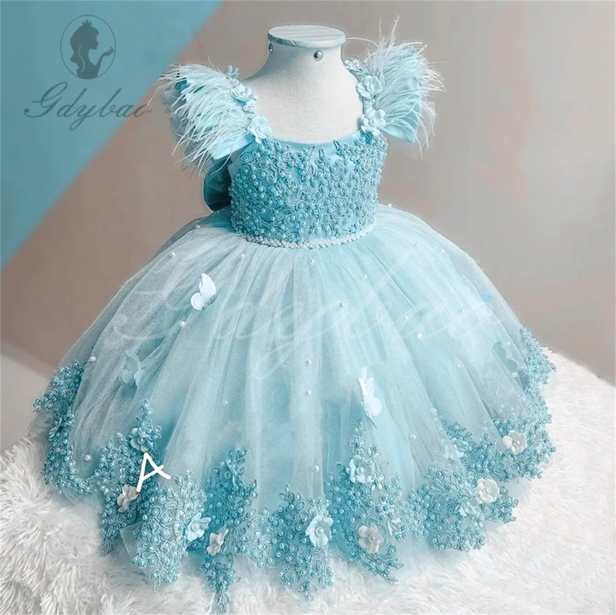 Pearl Baby Kids Tulle Birthday Party Flower Girl Feather Dresses Long ...