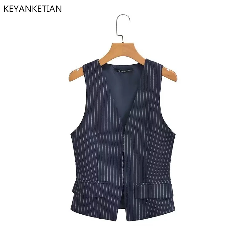 KEYANKETIAN-Summer-New-Hidden-Buckle-Navy-Blue-Striped-Vest-British ...