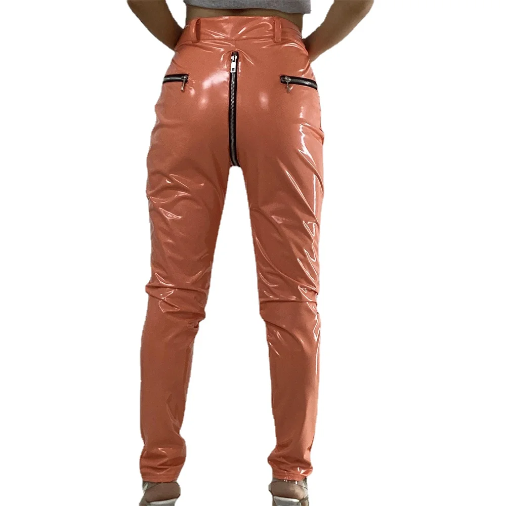 Pantalon en Faux Latex pour femmes, Sexy, fermeture éclair, entrejambe ouvert, taille haute ...