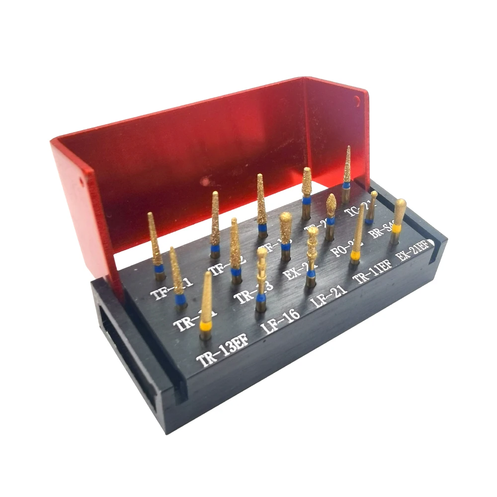 15pc Dental Diamond Burs Drill Golden Veneer Bur Set Disinfection ...