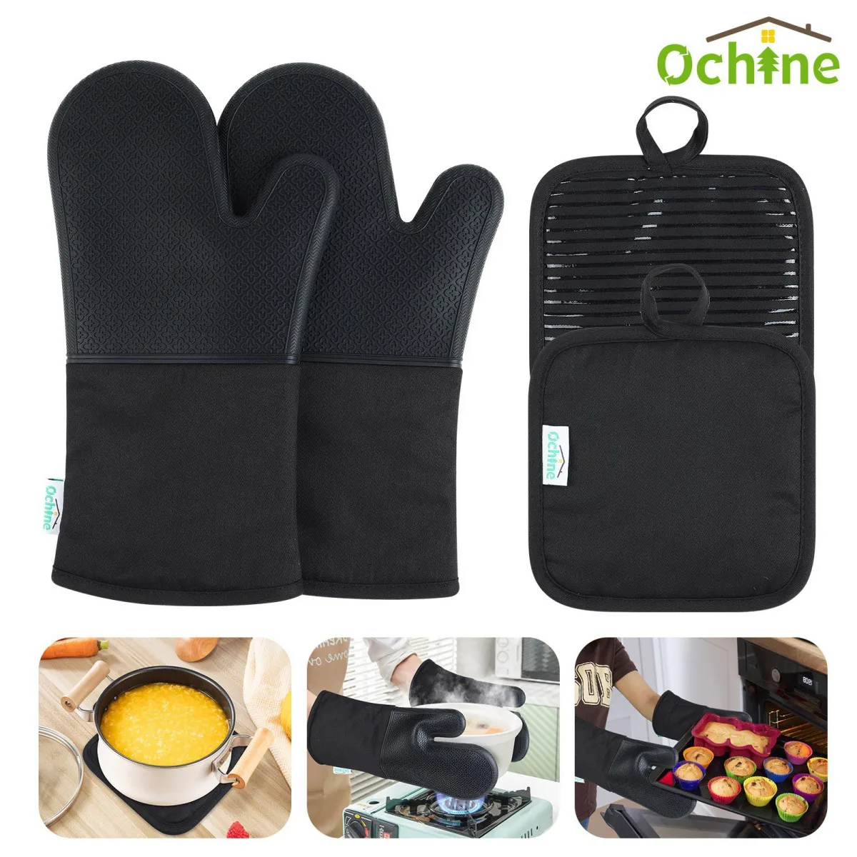 4Pcs-Oven-Mitts-Pot-Holders-for-Kitchen-Cotton-Lining-Heat-Resistant ...