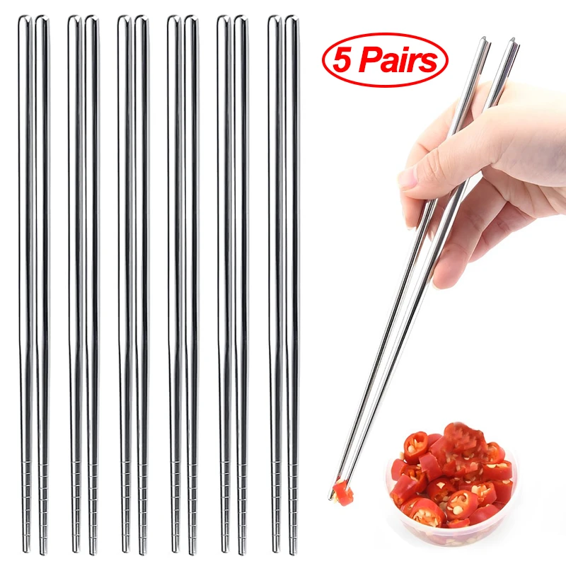 1/2/5 Pairs Chinese Chopsticks Stainless Steel Non-slip Sushi Chopstick ...