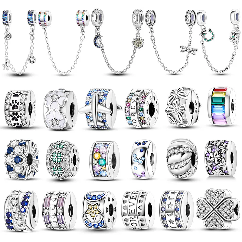 925-Silver-Charms-Clasp-Clip-CZ-Pave-Zircon-Safety-Chain-Stopper-Beads ...