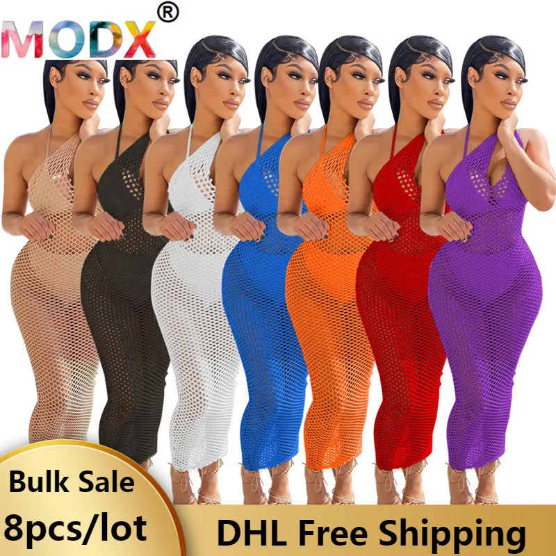 8PCS Mesh Hole Beach Dresses Sexy Women Sheer Clubwear See Trough Party ...