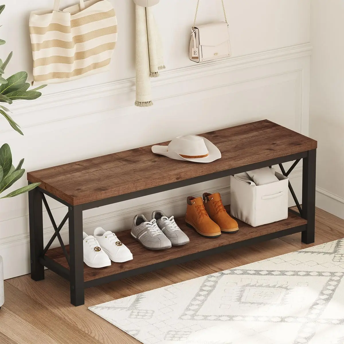 2 Tier Shoe Bench With Storage, Wood Metal Entryway Bench, Industrial ...