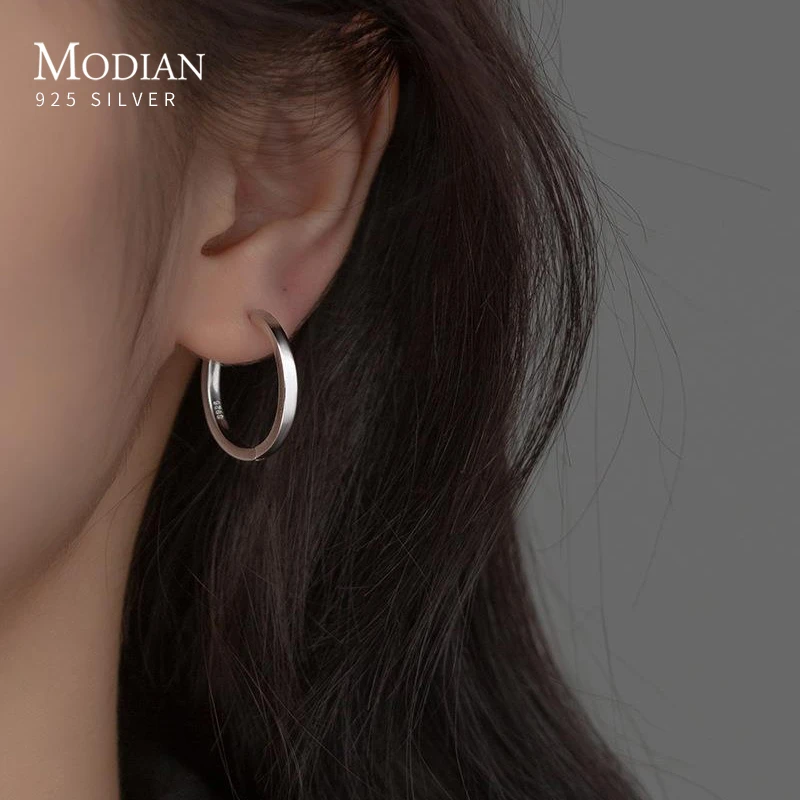 Modian Solid 925 Sterling Silver 2CM Smooth Minimalist Simple Ear Pave Setting Stud Earrings for ...