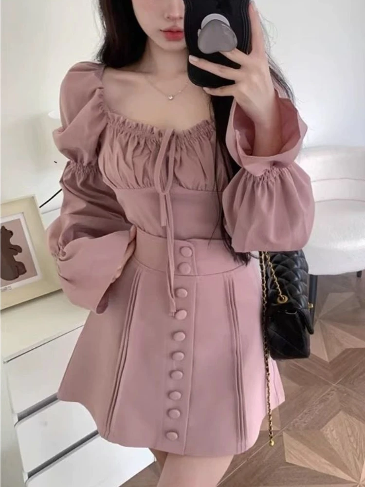 Purple-French-Vintage-Two-Piece-Set-Women-Korean-Fashion-Ruched-Sweet ...